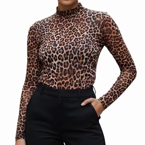 Tops | Womens Leopard Print Sheer Mesh Long Sleeve Top | Poshmark